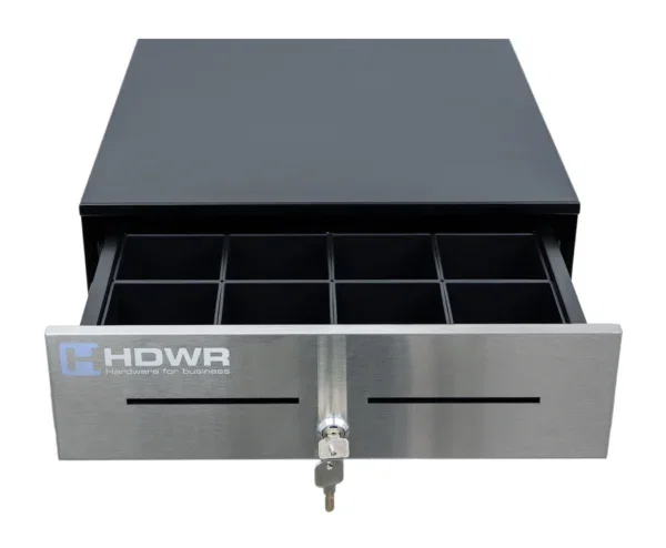 Heavy-duty cash drawer with 8+8 compartments, silver front, 3 opening ...